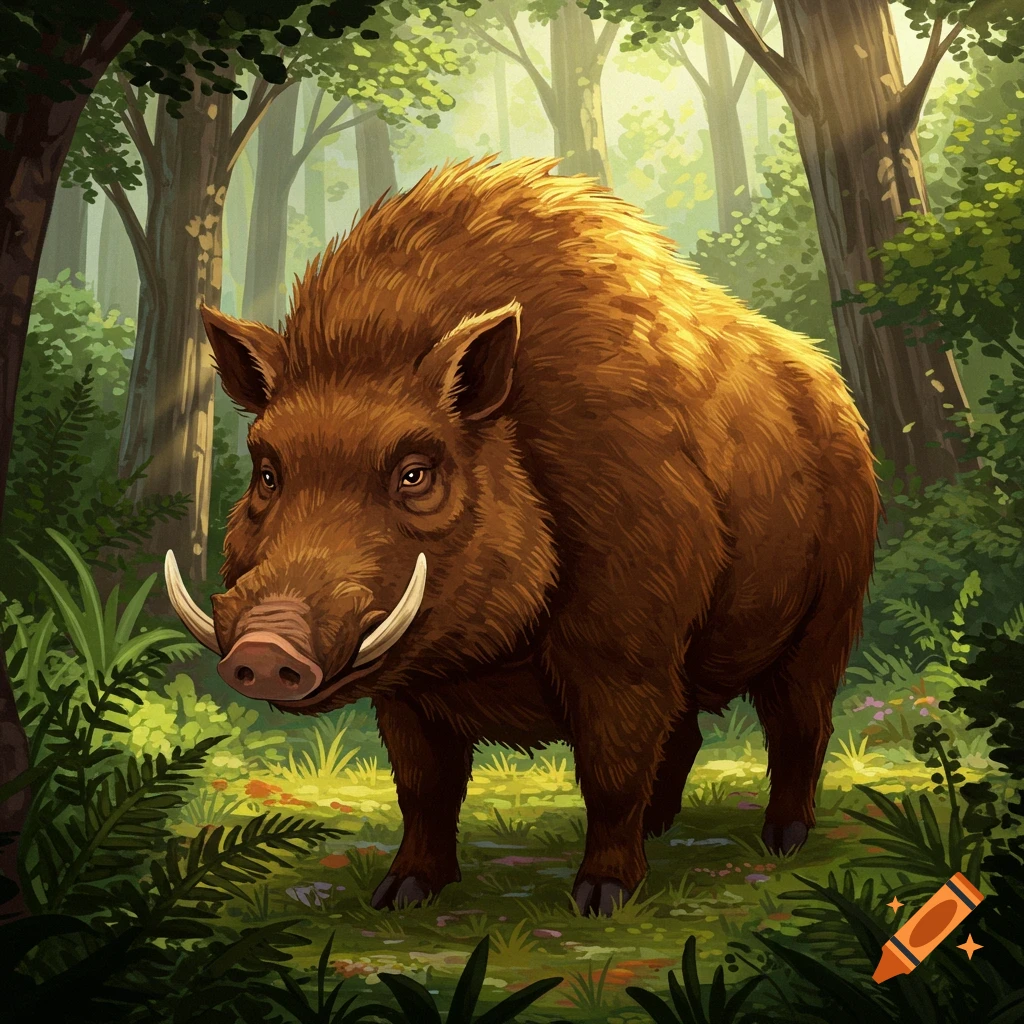 A detailed illustration of a wild boar standing in a sunlit forest ...