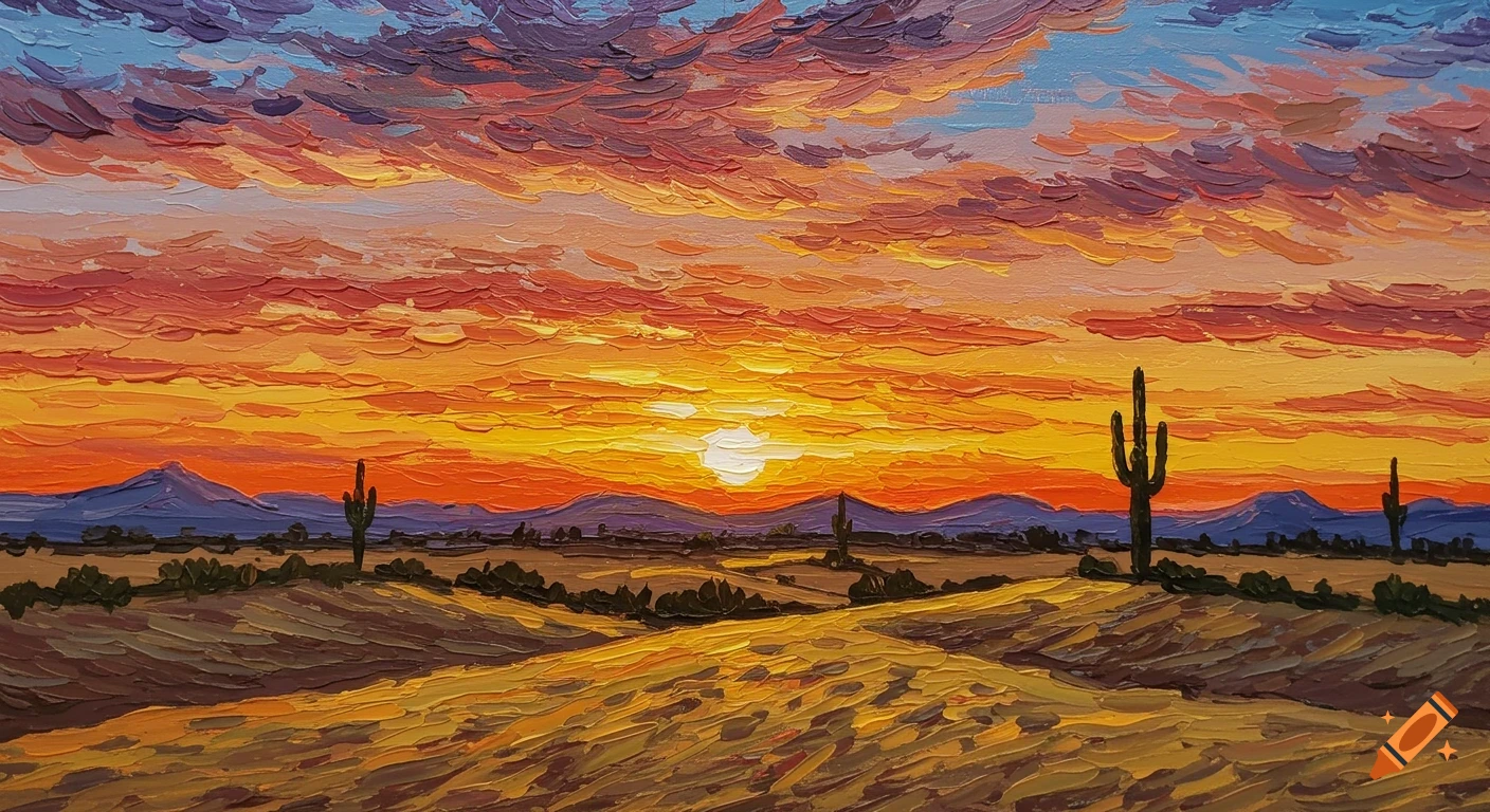 Textured painting of a vibrant desert sunset with saguaro cacti and ...