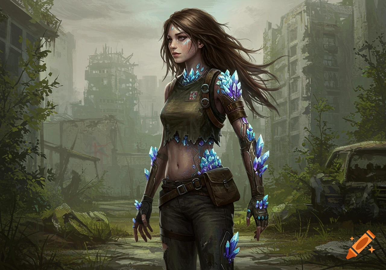 Illustration of a woman with crystals in a ruined city. on Craiyon