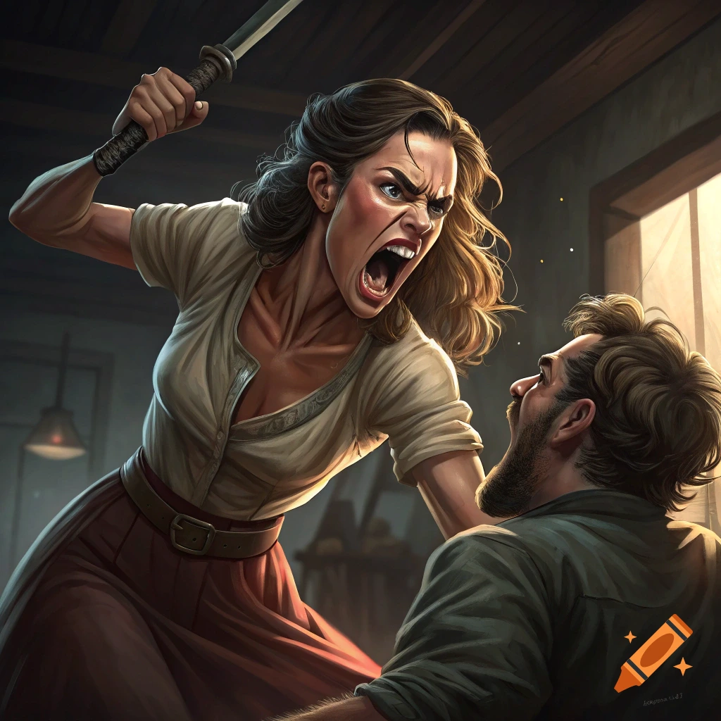 An angry woman holding a sword stands over a scared man. Digital ...