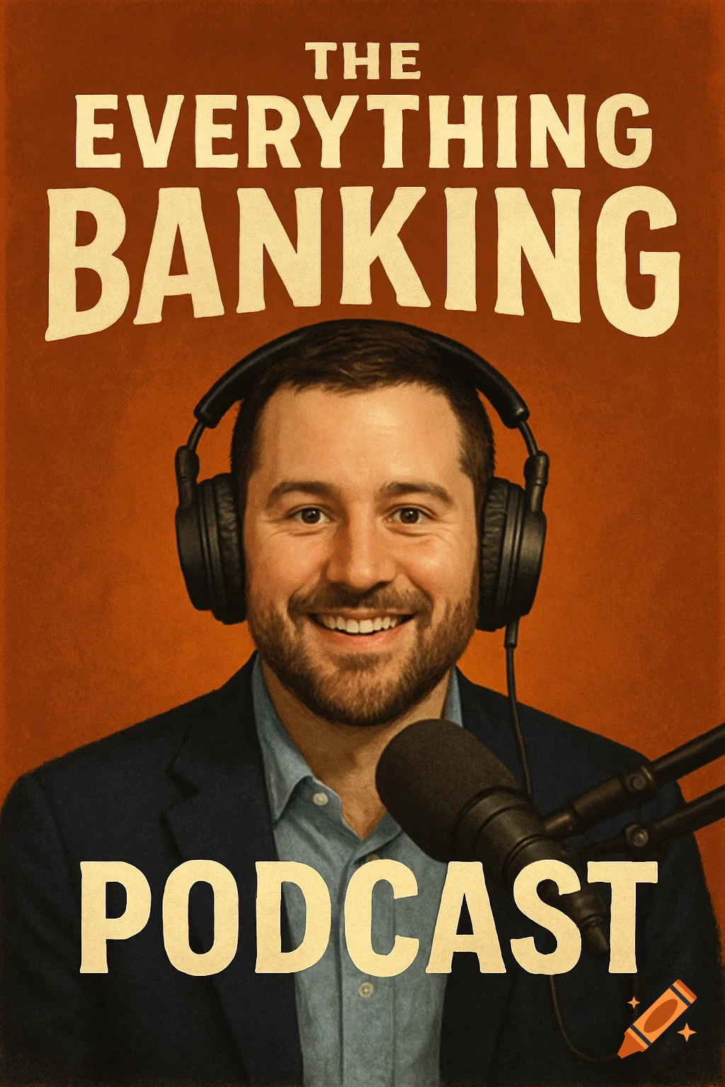 Man with headphones and microphone on a podcast flyer titled 'The ...