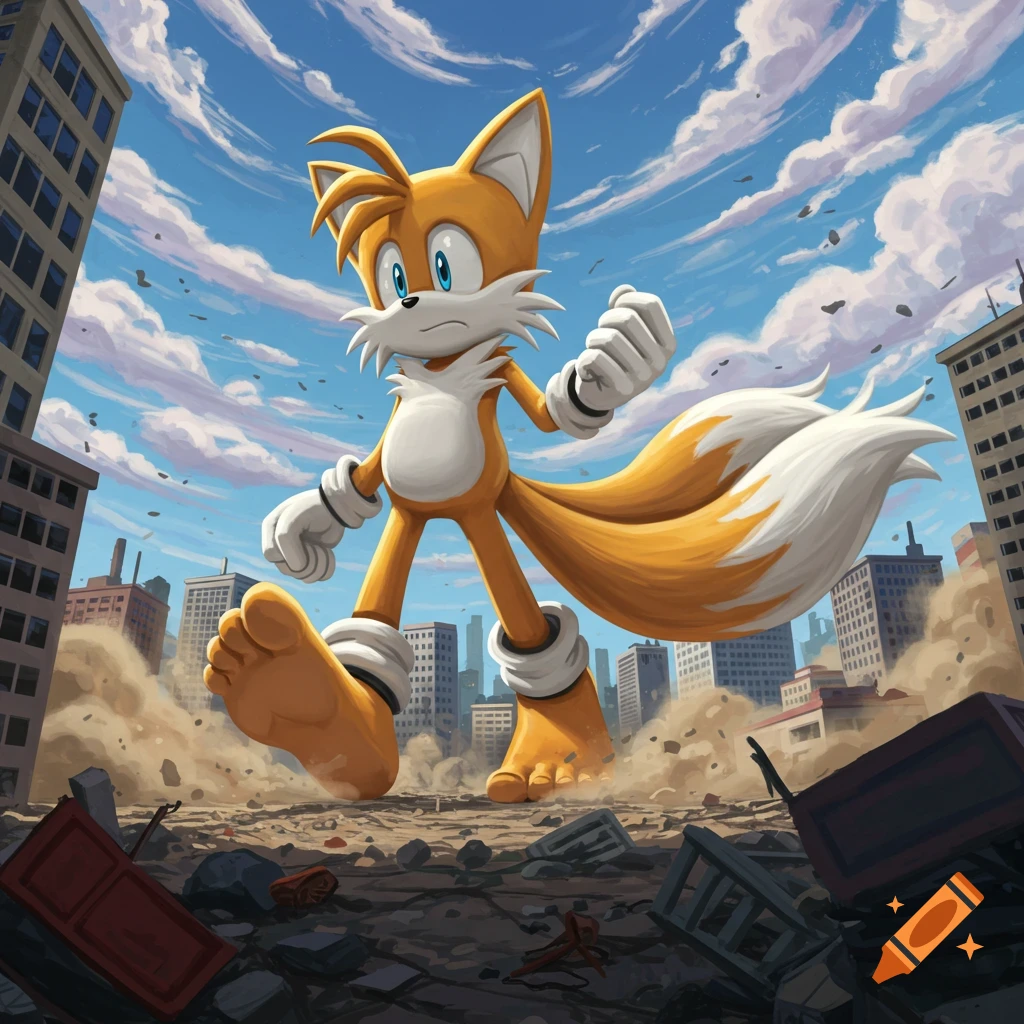 Illustration of a giant Tails the Fox walking through a destroyed city ...
