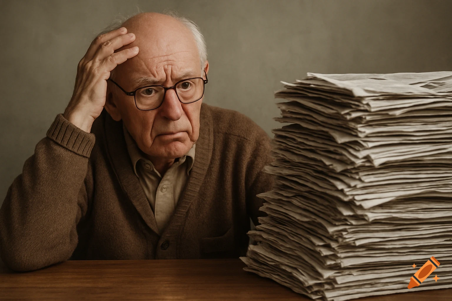 A perplexed old man wearing glasses sits next to a large stack of ...