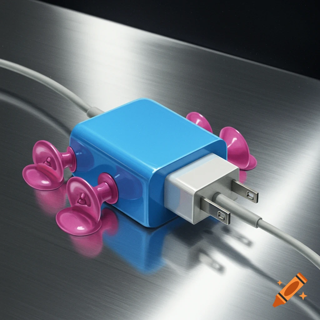 A blue power adapter with pink suction cups sits on a metallic surface ...