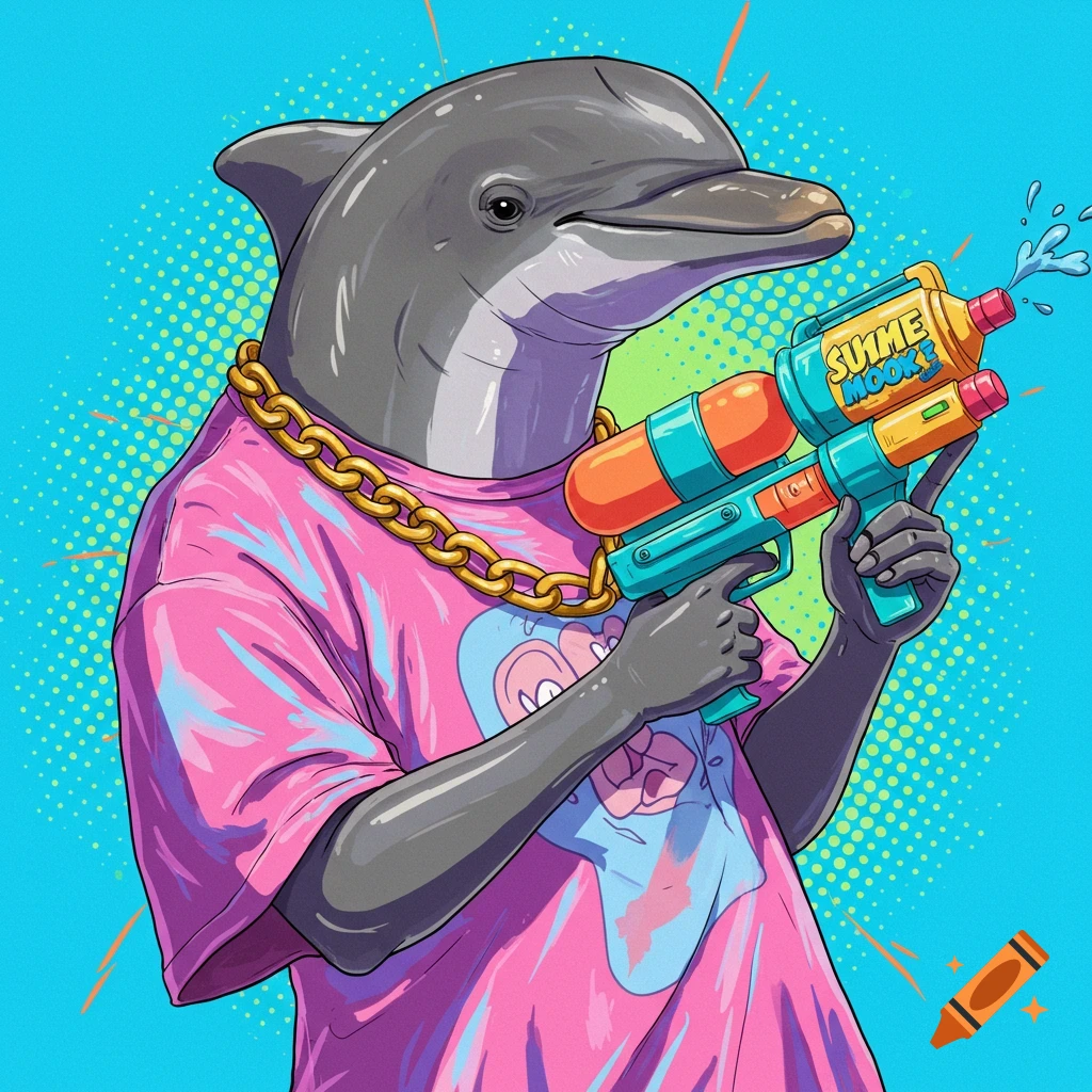 Illustration of a dolphin wearing a pink t-shirt and gold chain ...