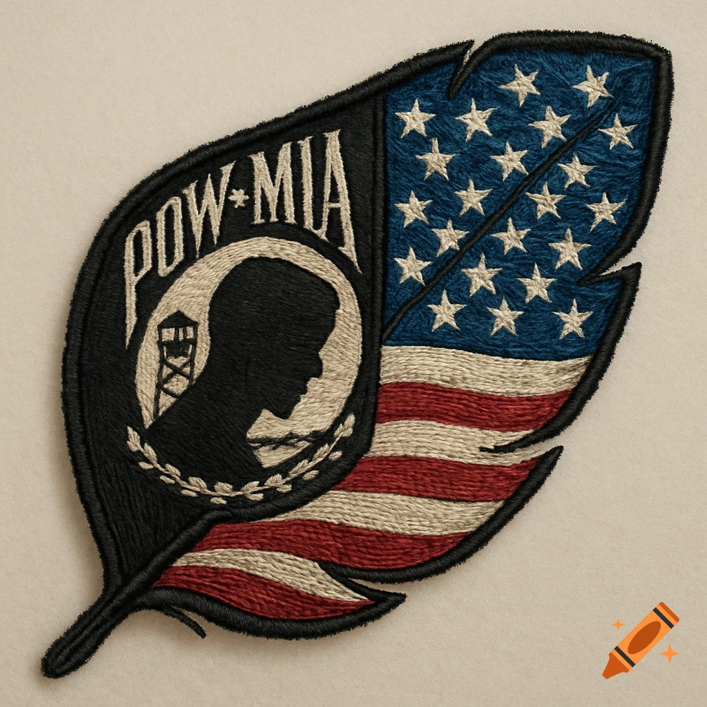 An embroidered patch shaped like a feather with a POW*MIA symbol and a US flag. on Craiyon