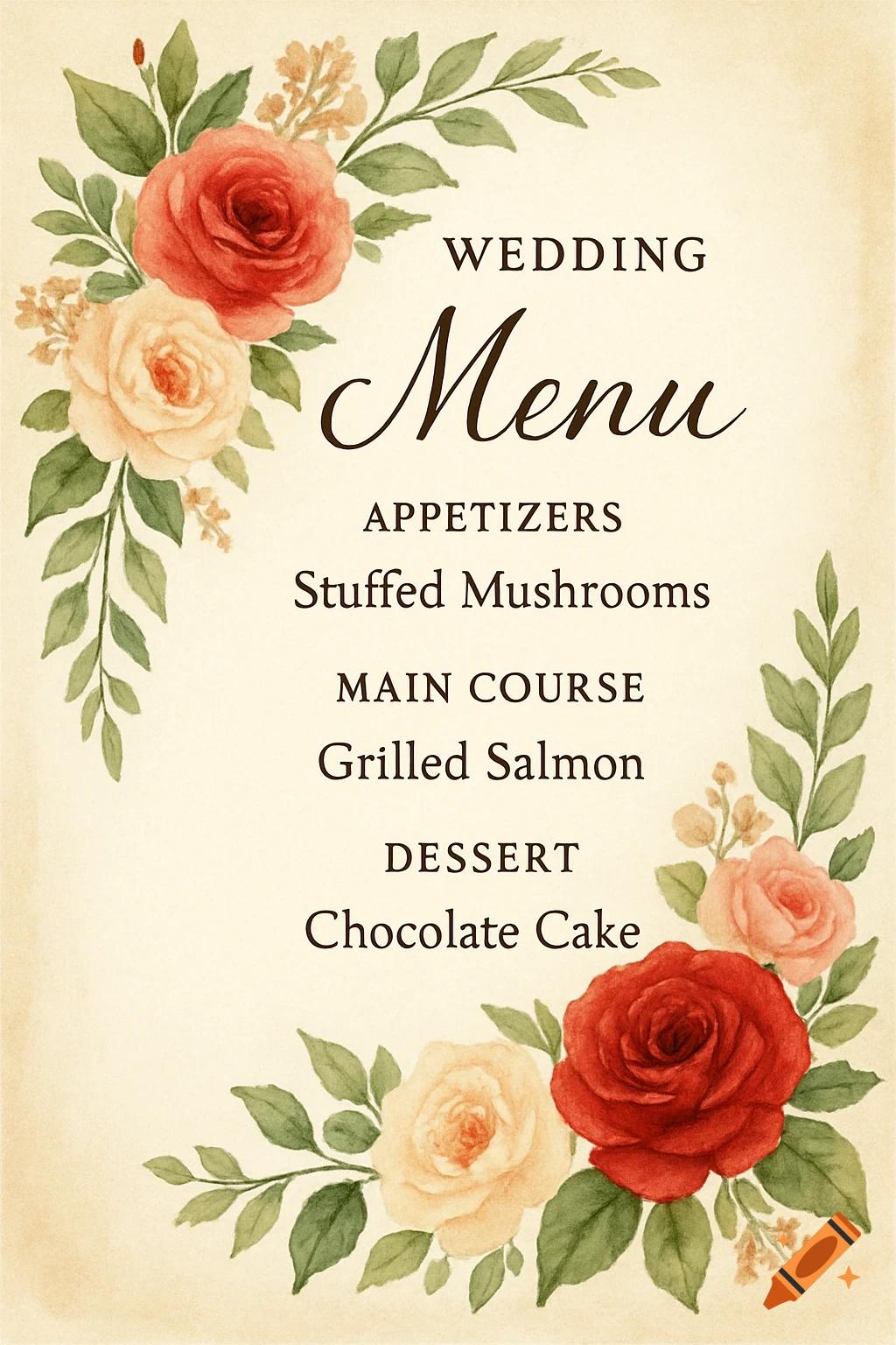 Watercolor wedding menu card with red and peach roses and greenery. on ...