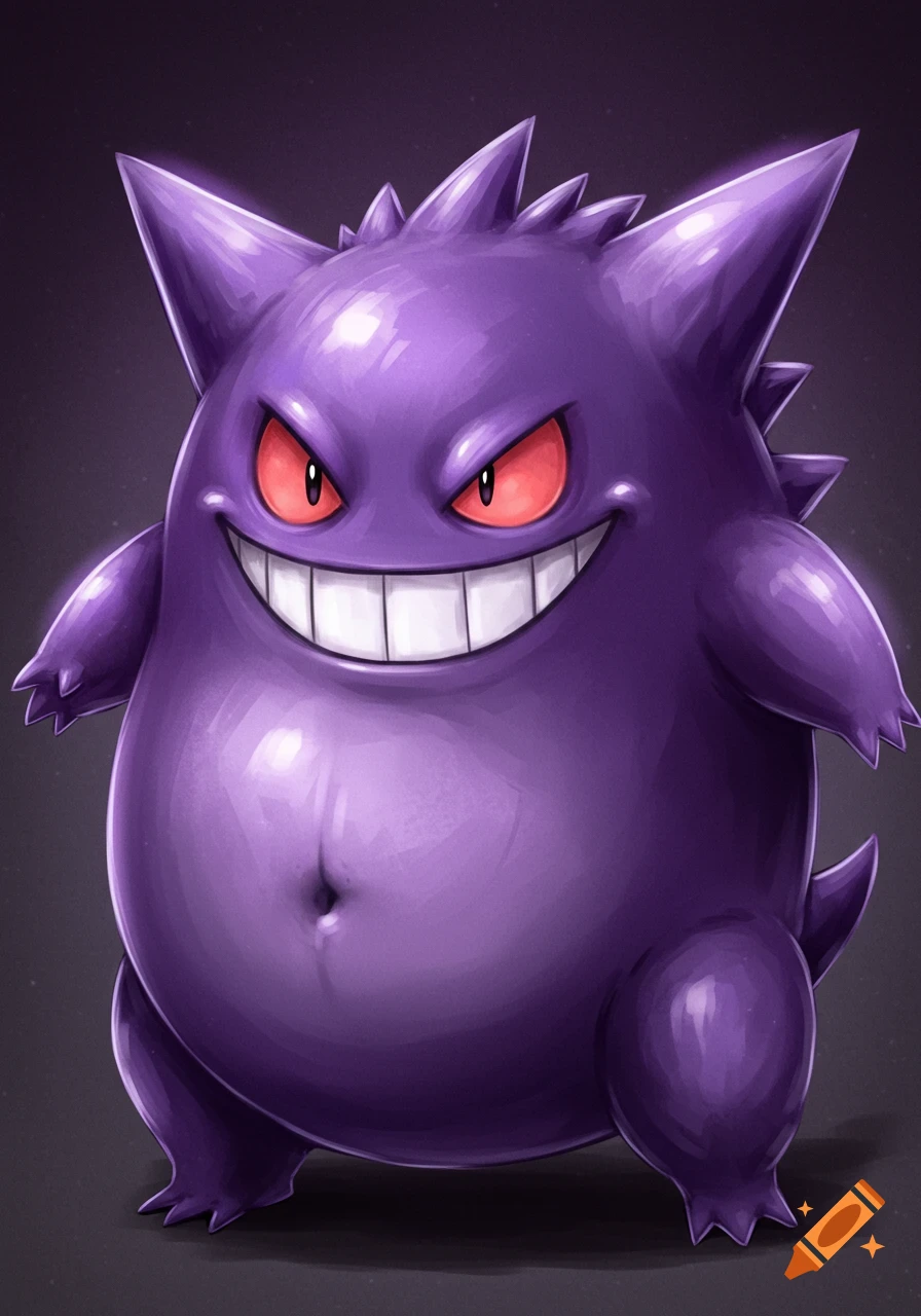 A purple Gengar Pokemon character with a big belly and sharp teeth. on ...