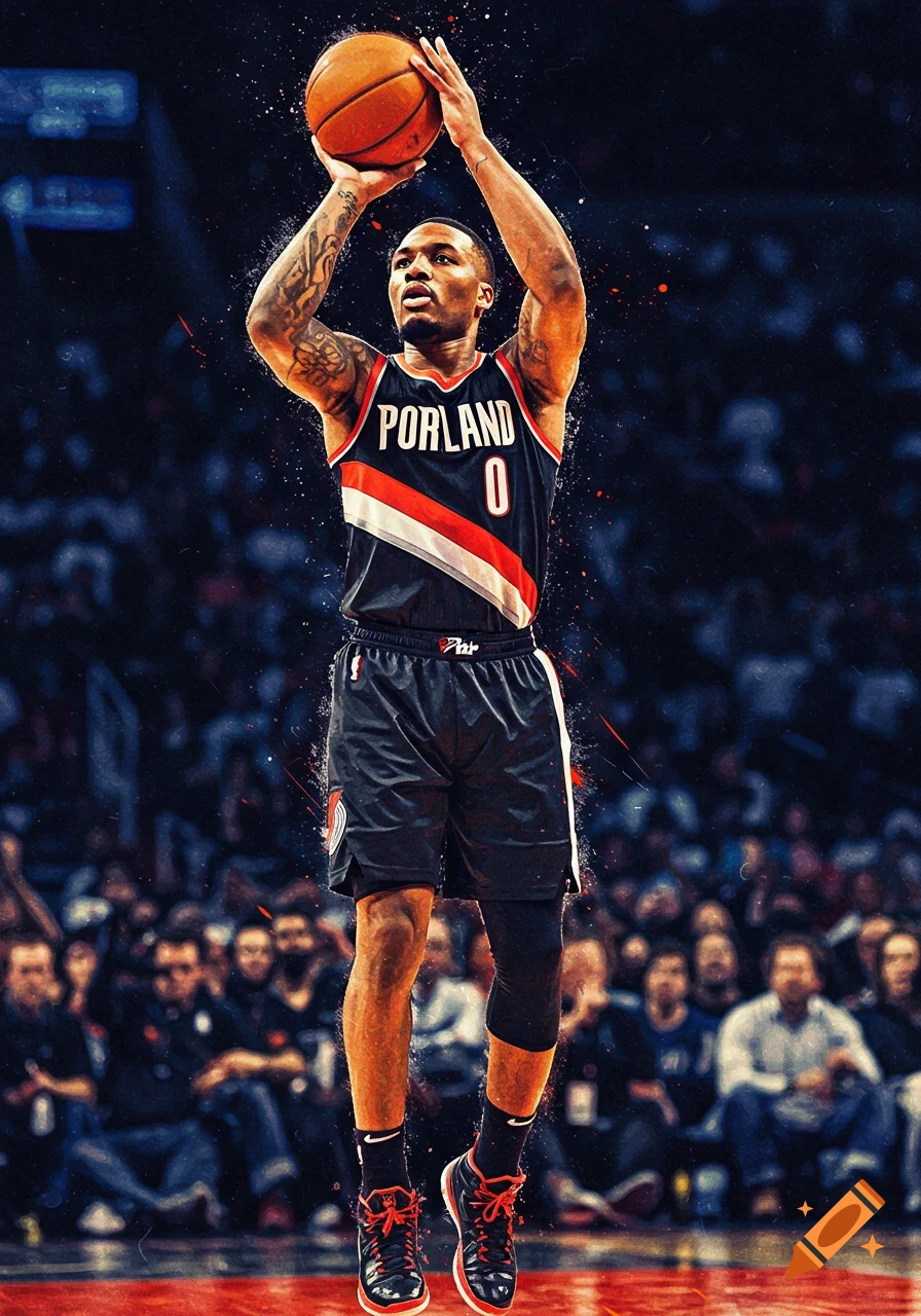 Basketball player in a black and red jersey shooting a ball during a ...