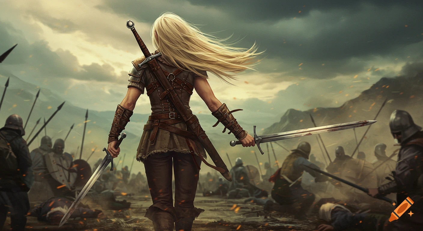 Blonde warrior holding two swords stands on a battlefield among fallen ...