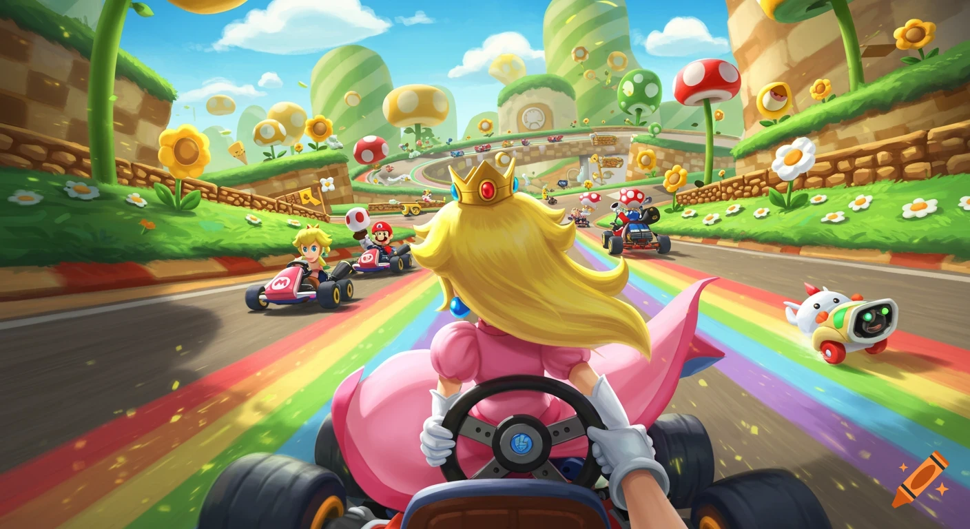 Princess Peach drives a kart on a rainbow road with other characters ...