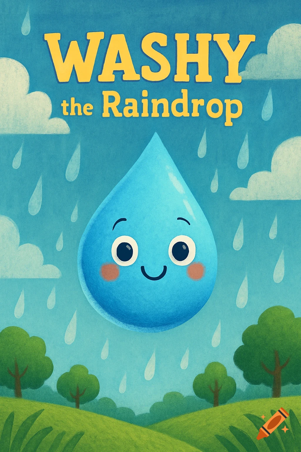 Children's book cover illustration of a smiling raindrop with the title ...