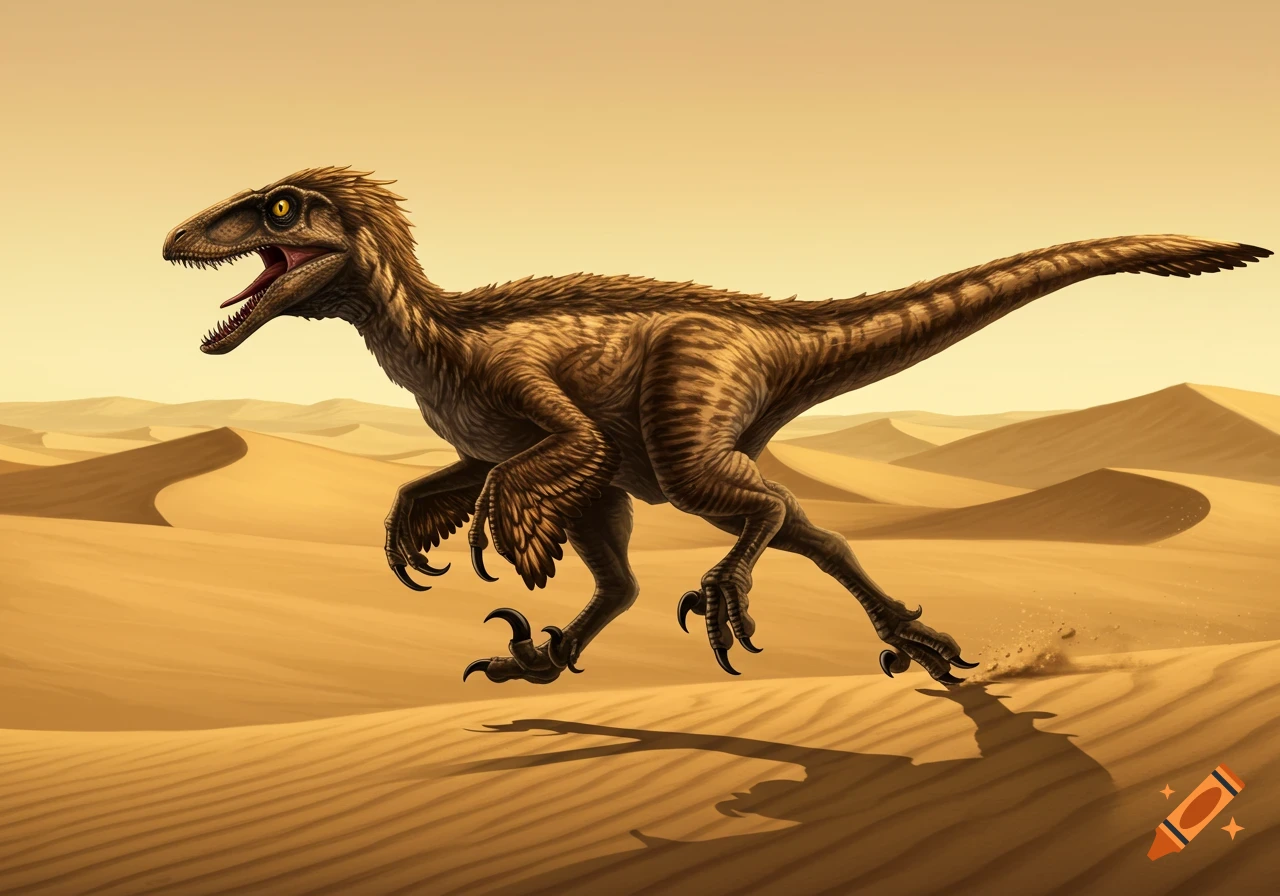 Illustration of a velociraptor running through a sandy desert landscape ...