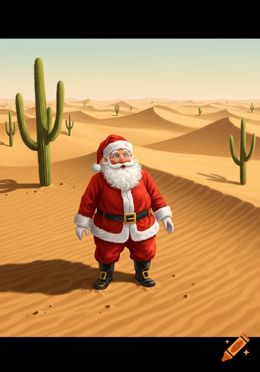 Santa Claus looking worried in a desert landscape with cacti. on Craiyon