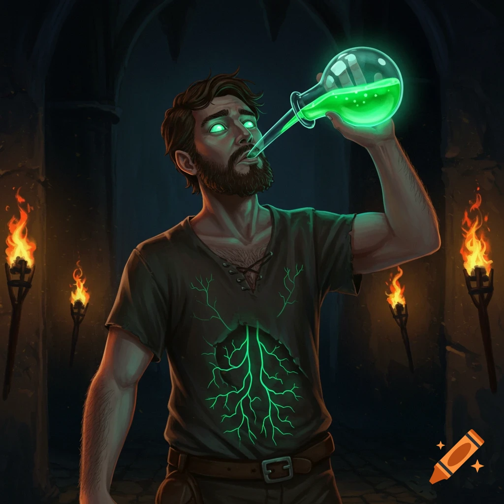 Man drinks a glowing green potion, his eyes and chest glowing in a dark ...