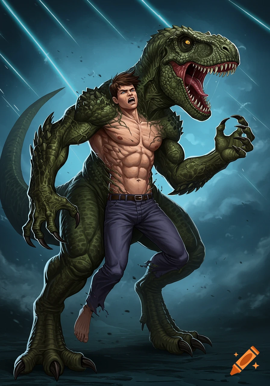 Stylized illustration of a muscular man transforming into a ...
