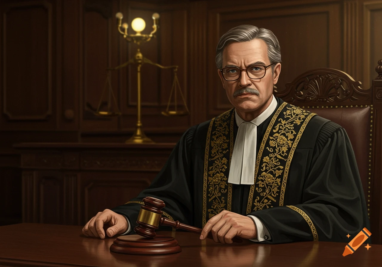 A judge in robes sits at a courtroom desk with a gavel. on Craiyon