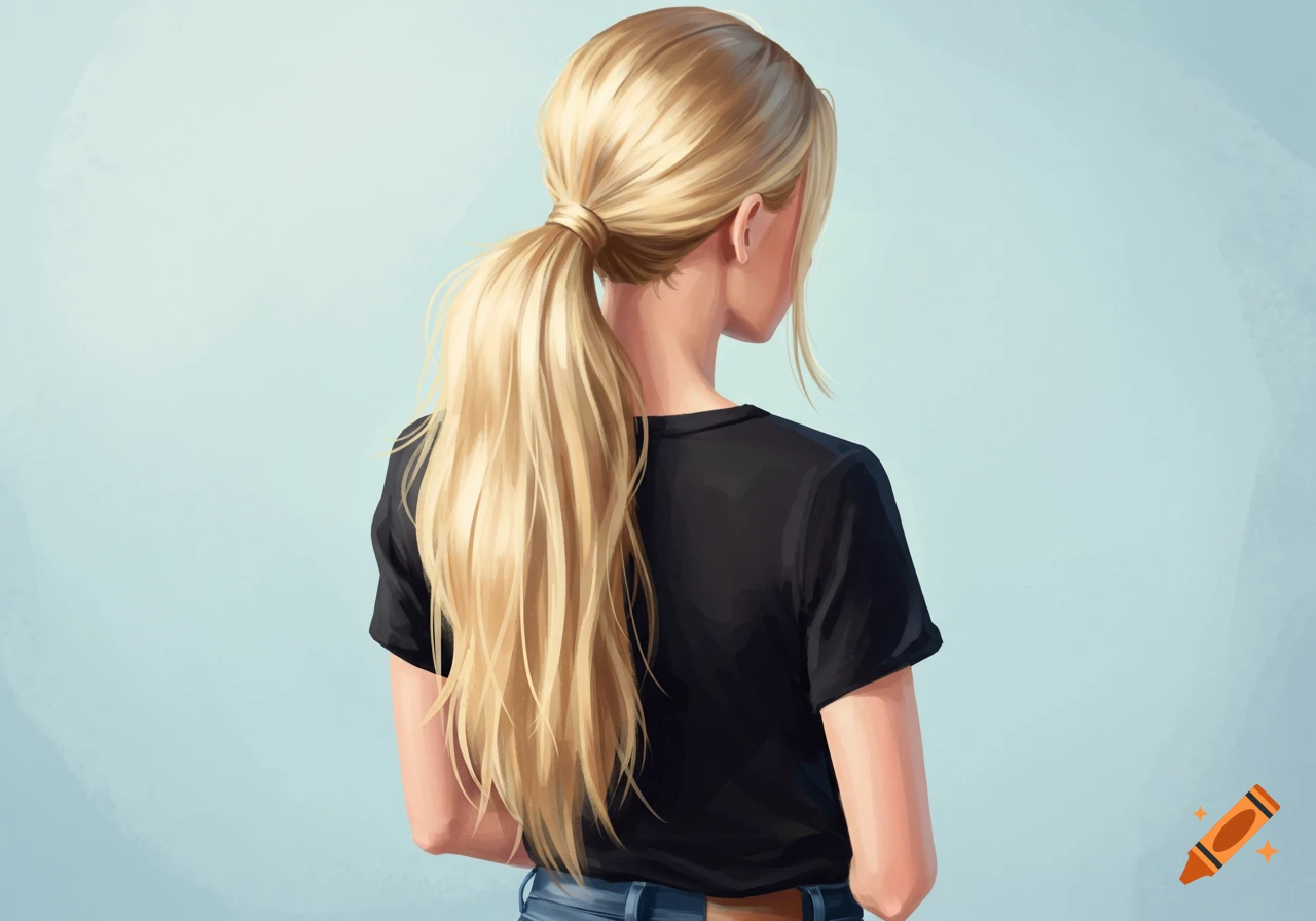 Illustration of a woman seen from behind with a long blonde ponytail ...