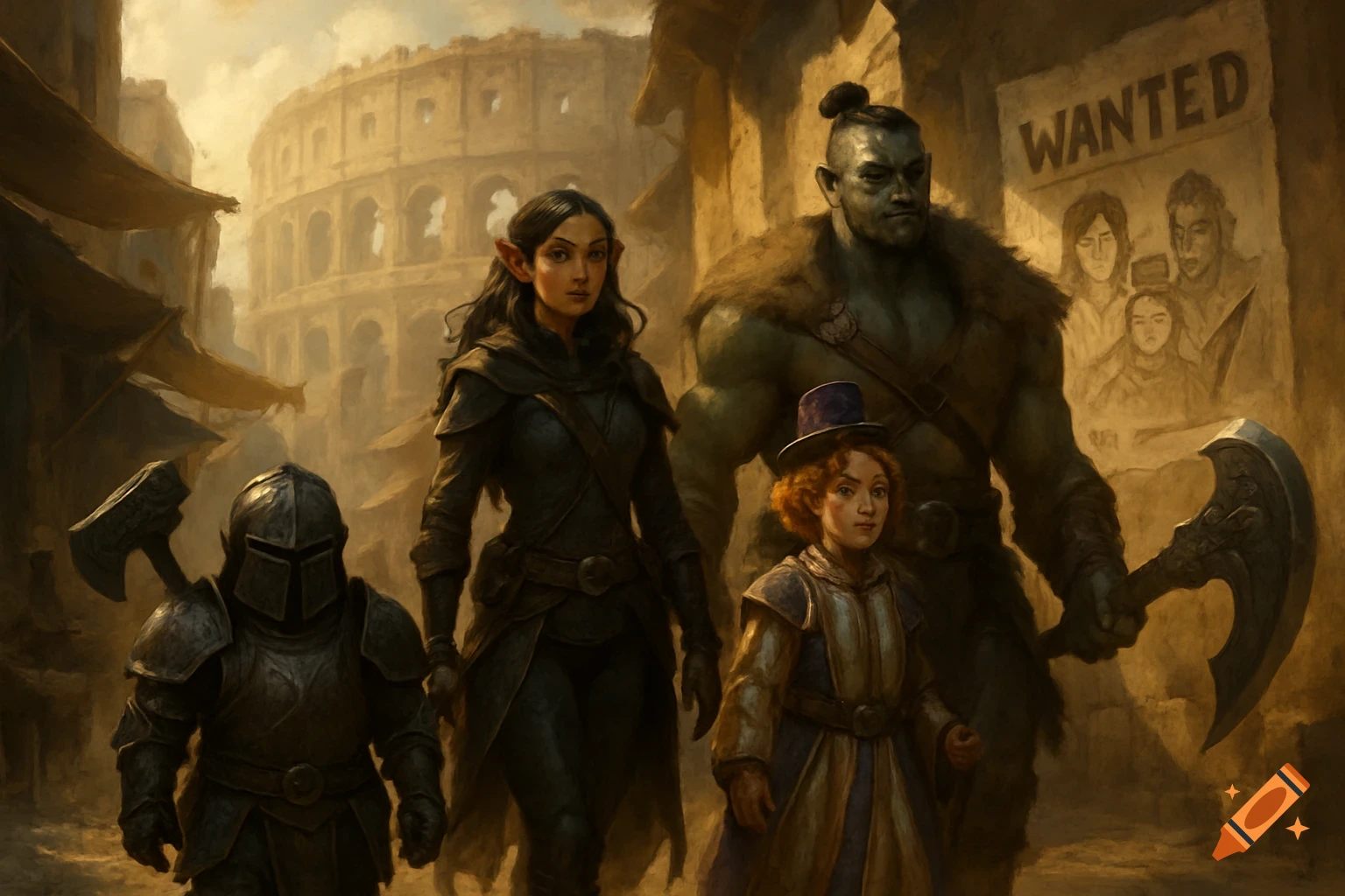 Fantasy adventure party (dwarf, elf, halfling, orc) walking past a ...