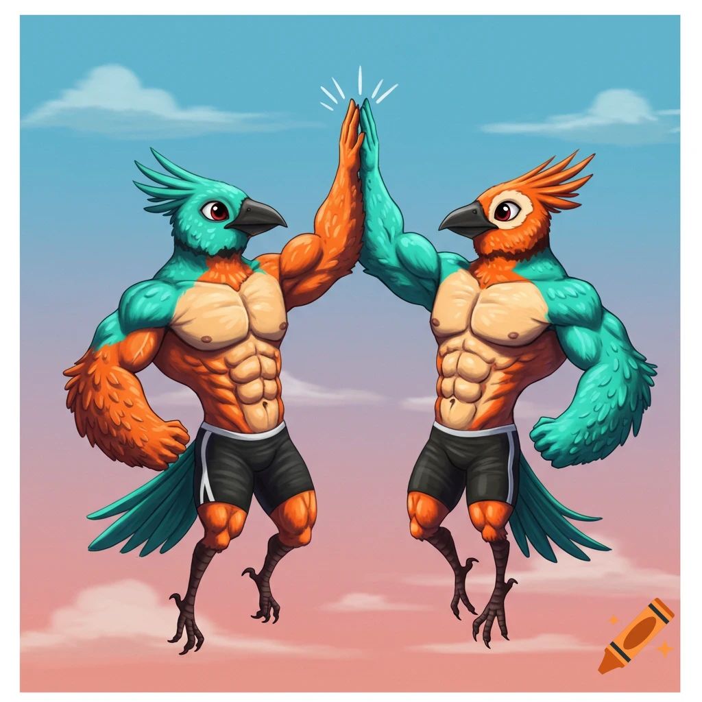 Two muscular, cartoony birds high-fiving in the sky. on Craiyon