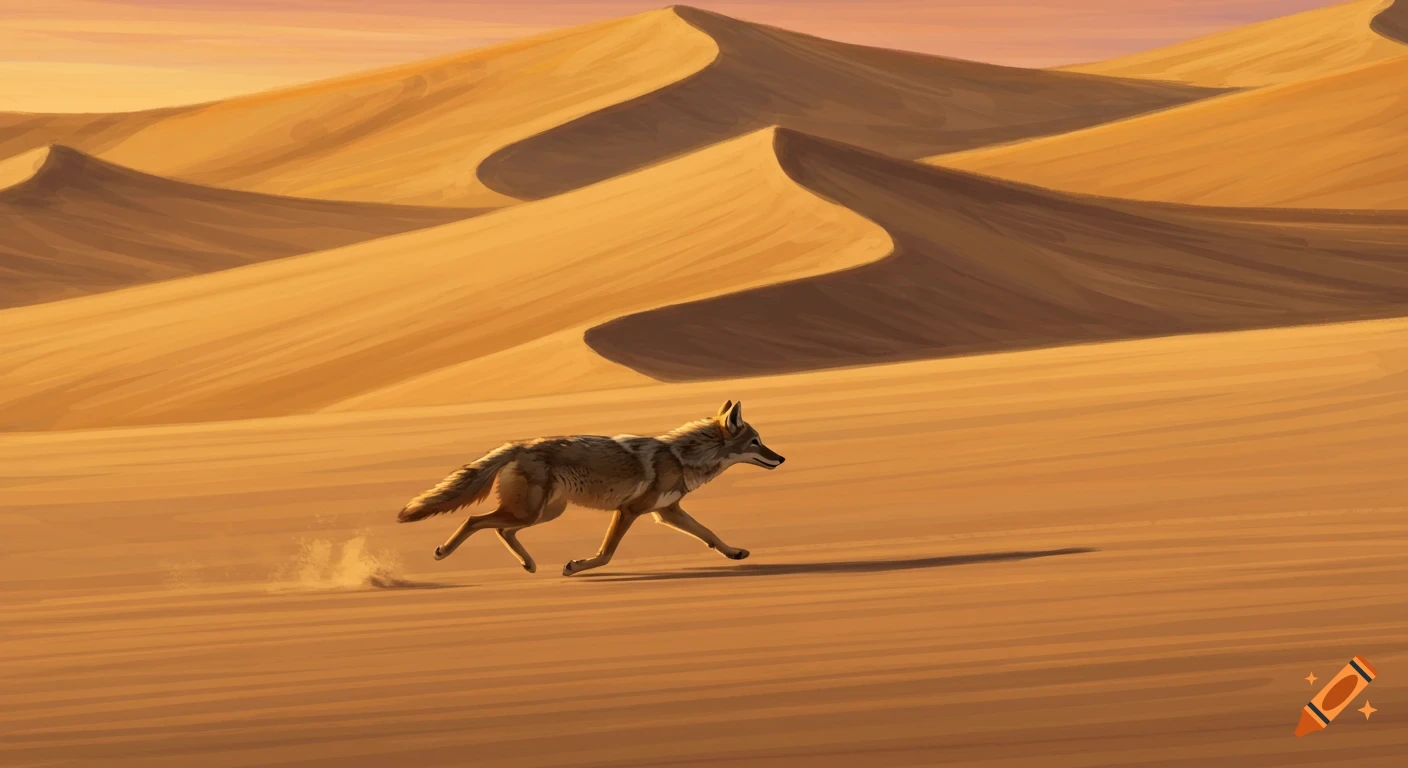 A coyote runs across sand dunes in an illustrated desert landscape. on ...