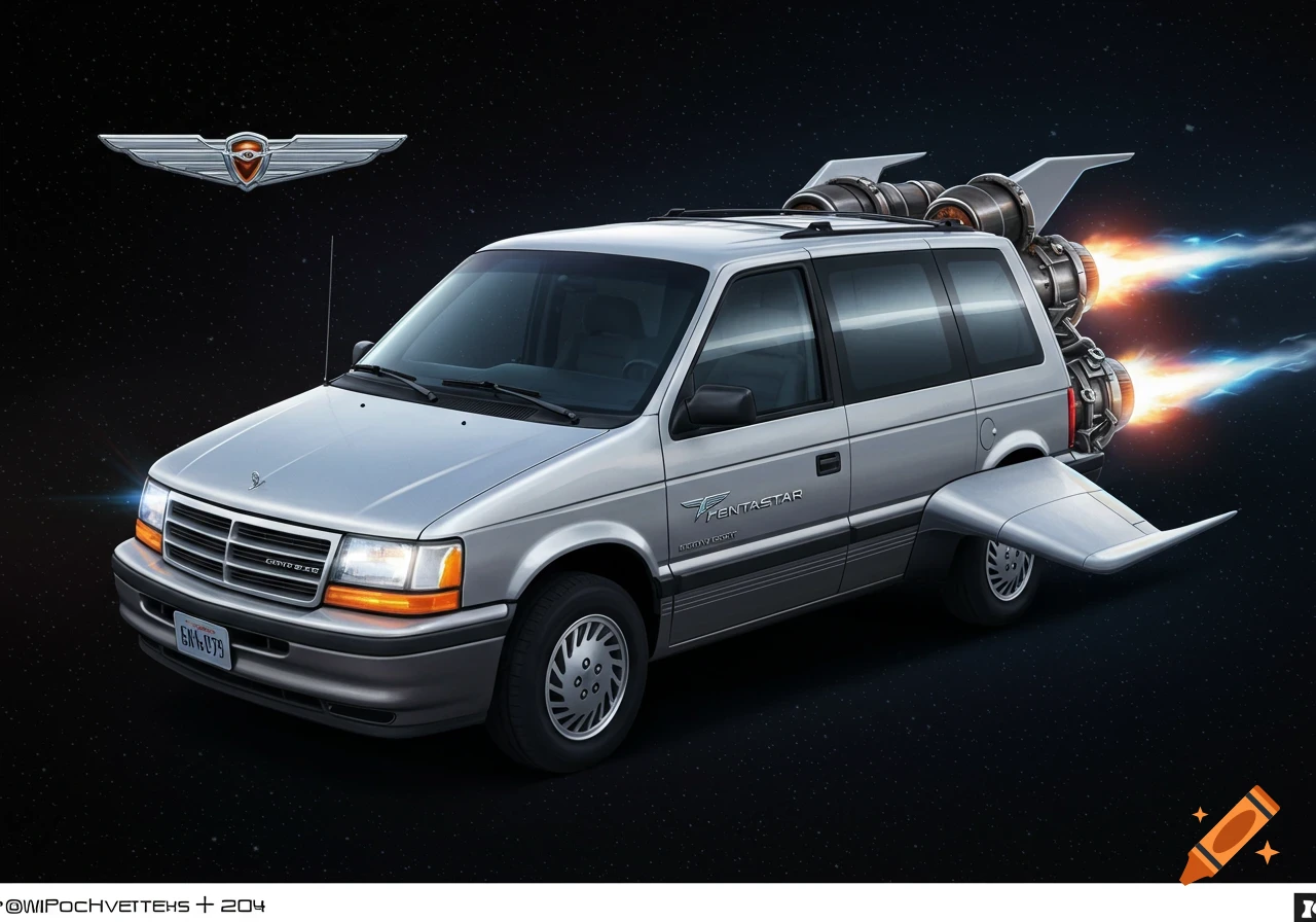 Silver minivan modified with rocket engines and wings, flying through ...
