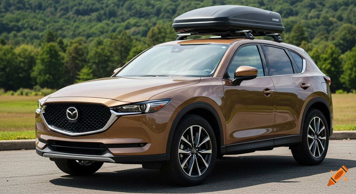 Bronze Mazda CX-5 SUV with a black cargo box on the roof rack, parked ...