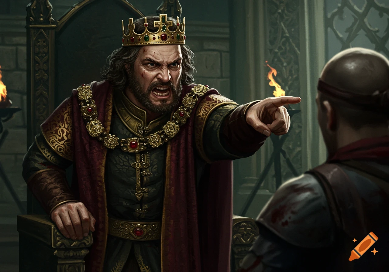 An angry king on a throne points menacingly at a soldier standing ...