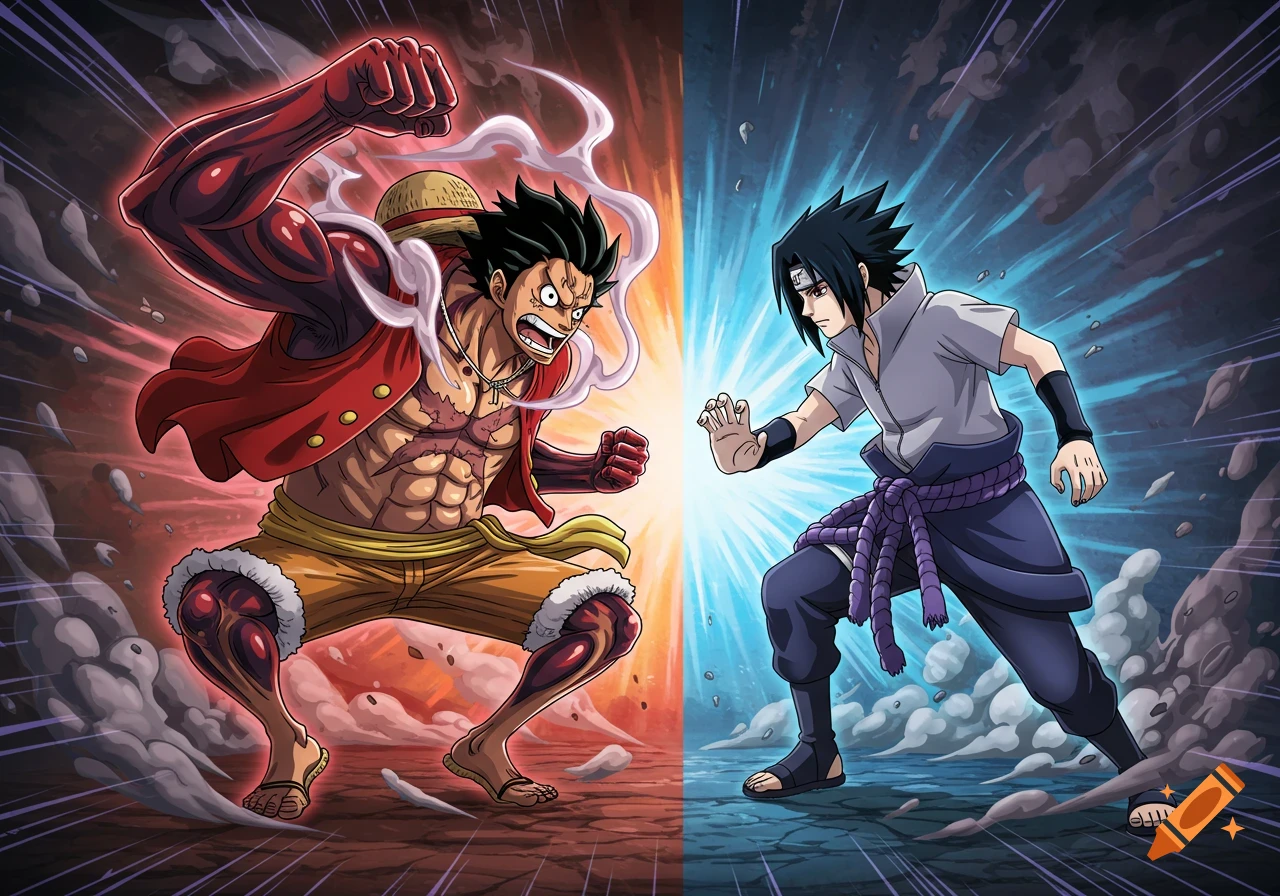 Luffy from One Piece battles Sasuke from Naruto in shonen anime style ...