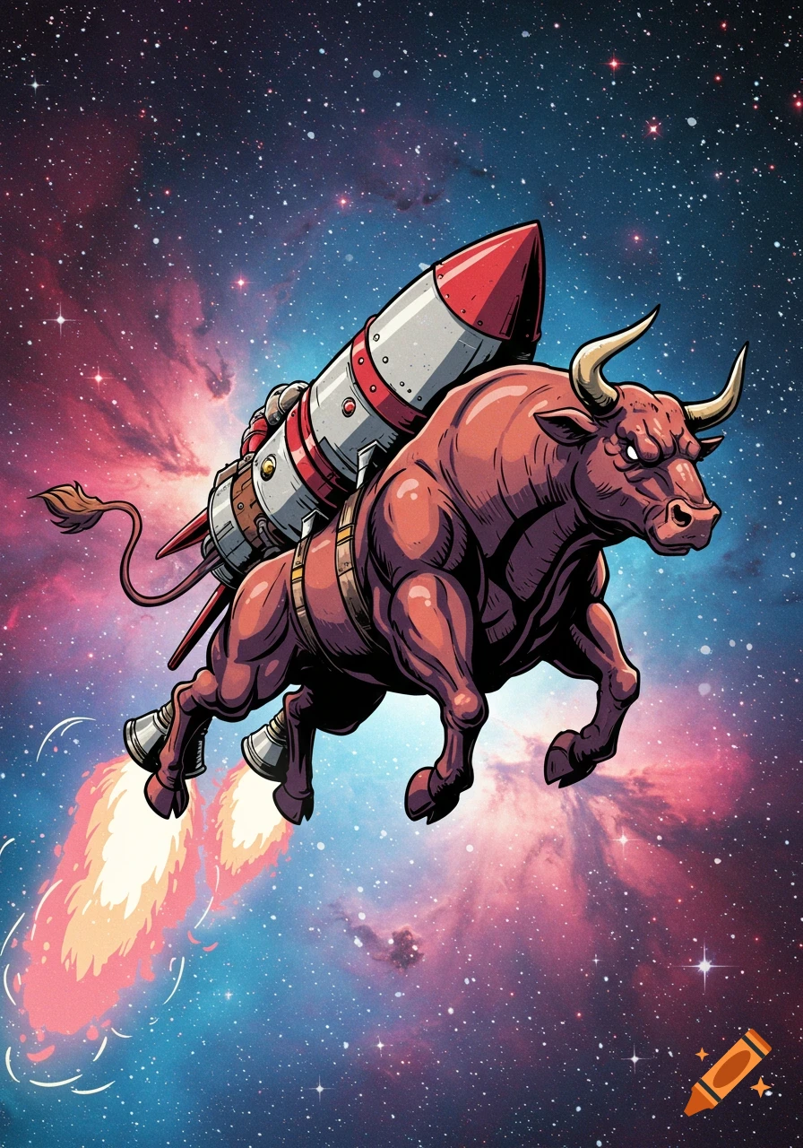 Illustration of a bull flying through space with a rocket strapped to ...