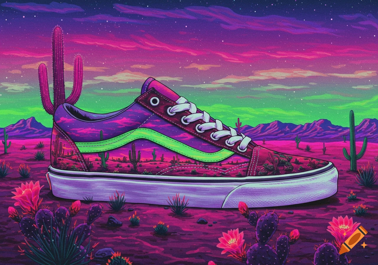 A Vans sneaker with a psychedelic desert landscape design in vibrant ...