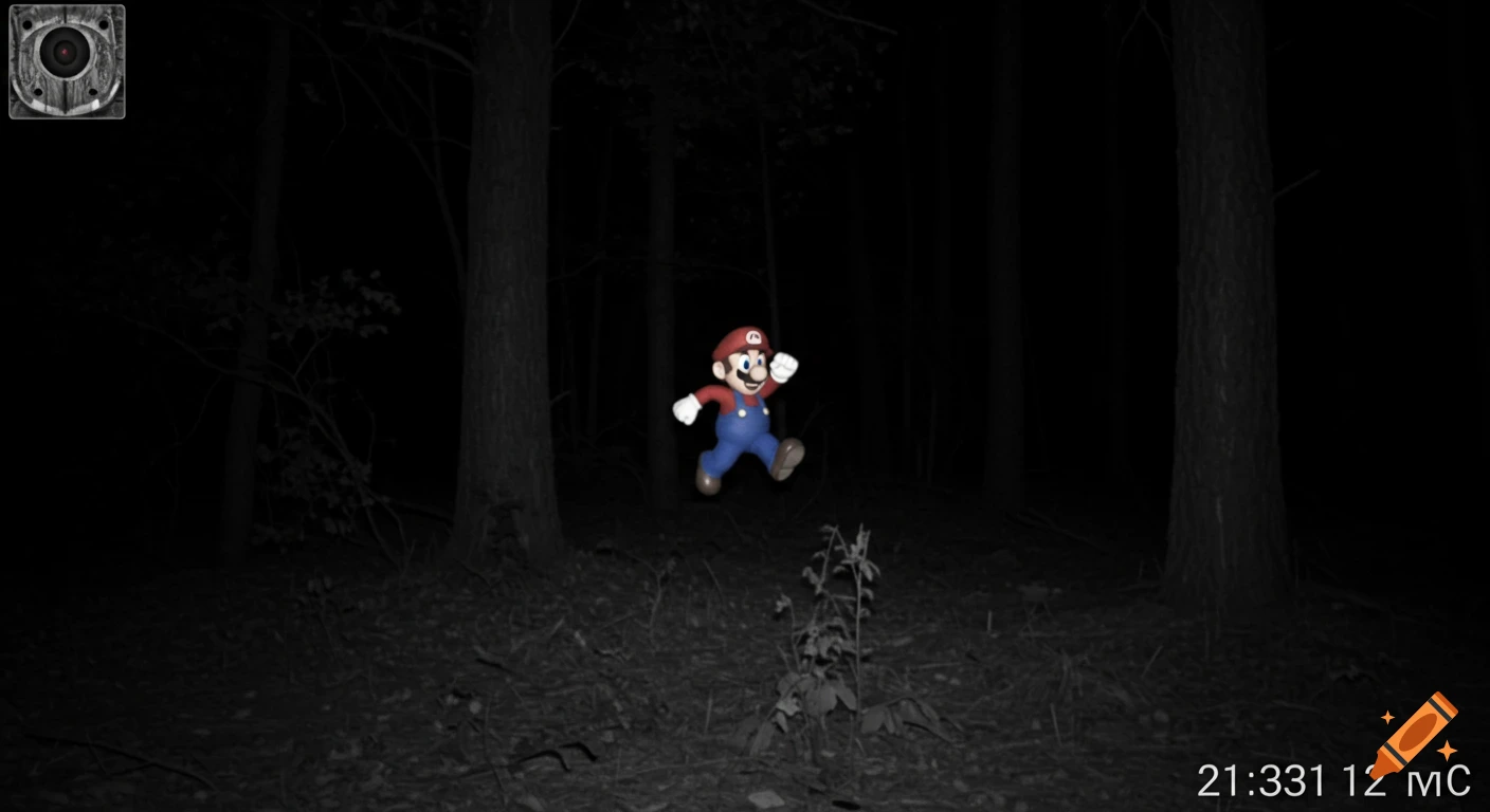 Mario jumps in a dark forest at night, captured by trail cam footage ...