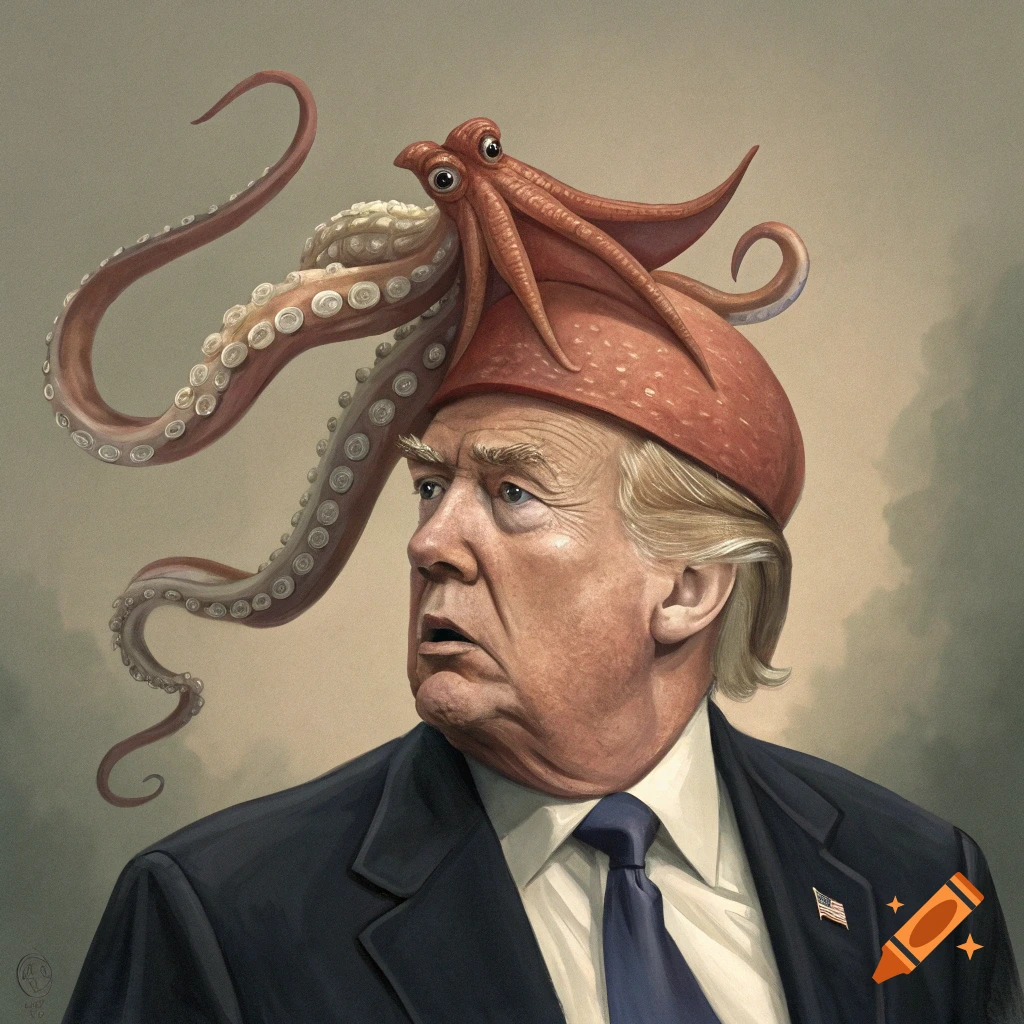 Portrait of Donald Trump wearing an octopus like a hat on Craiyon