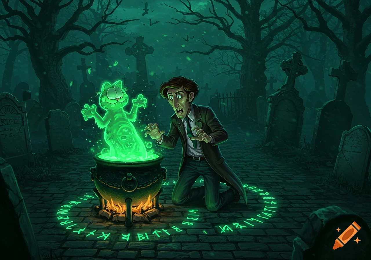 Jon Arbuckle is startled as a glowing green ghost Garfield rises from a ...