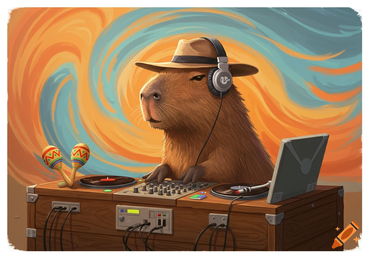 A capybara wearing a hat and headphones stands at DJ turntables. on Craiyon