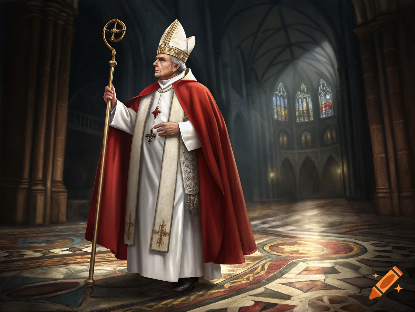 A figure in papal robes with a crosier stands in a dramatic church ...