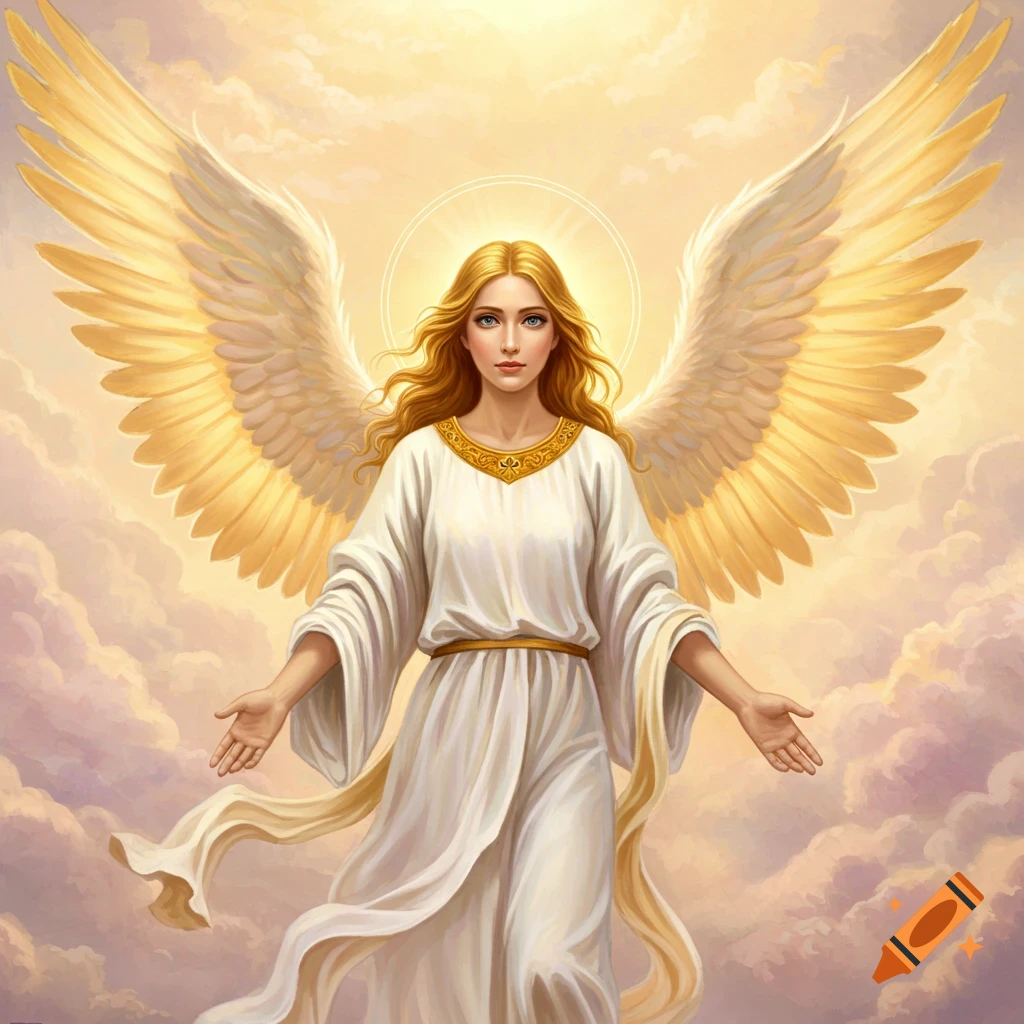 A blonde angel in a white robe with large golden wings stands among ...
