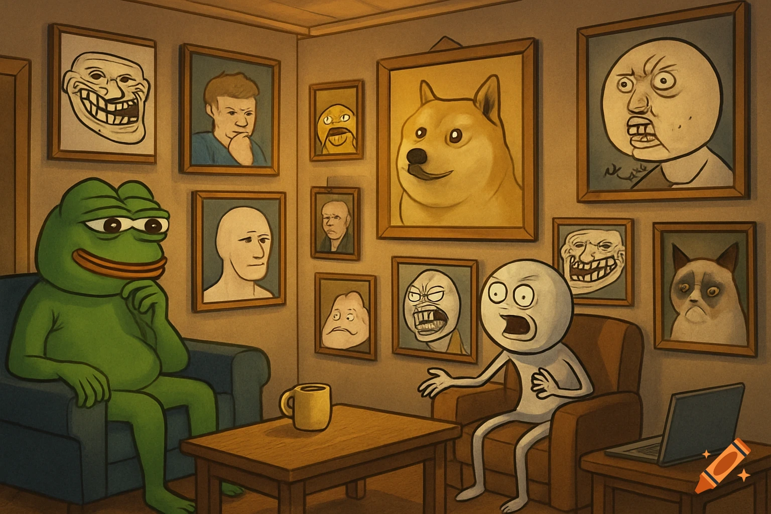 Pepe the Frog and another meme character sit in a room full of framed ...