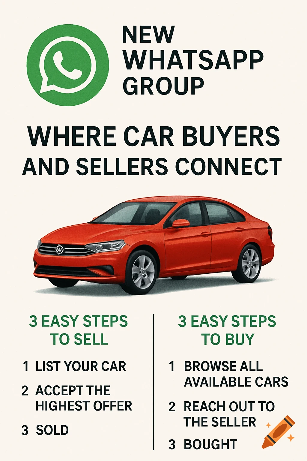 Advertisement poster for a car buying and selling WhatsApp group with ...