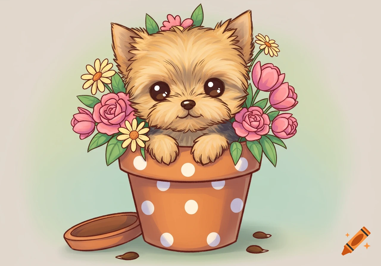 A cute chibi style illustration of a Yorkshire terrier puppy in a ...