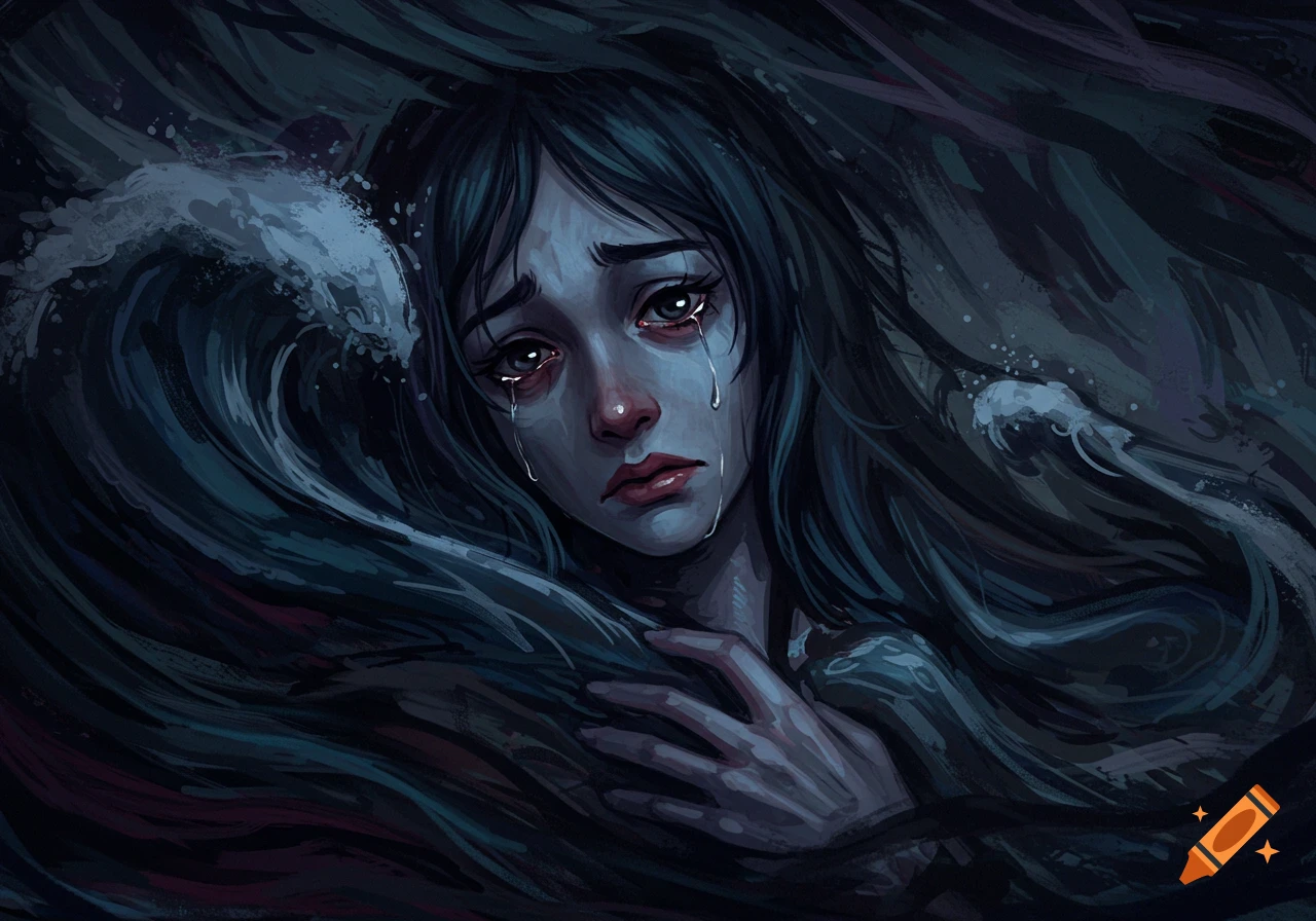 Digital painting of a person crying with dark hair surrounded by wave ...