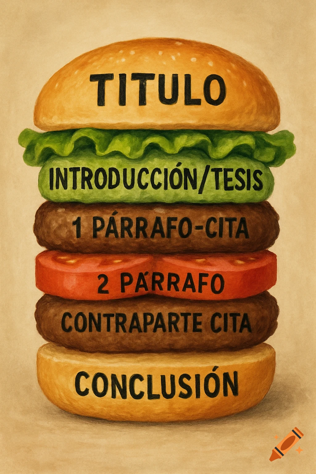 Illustration of a burger diagramming essay structure, with layers ...
