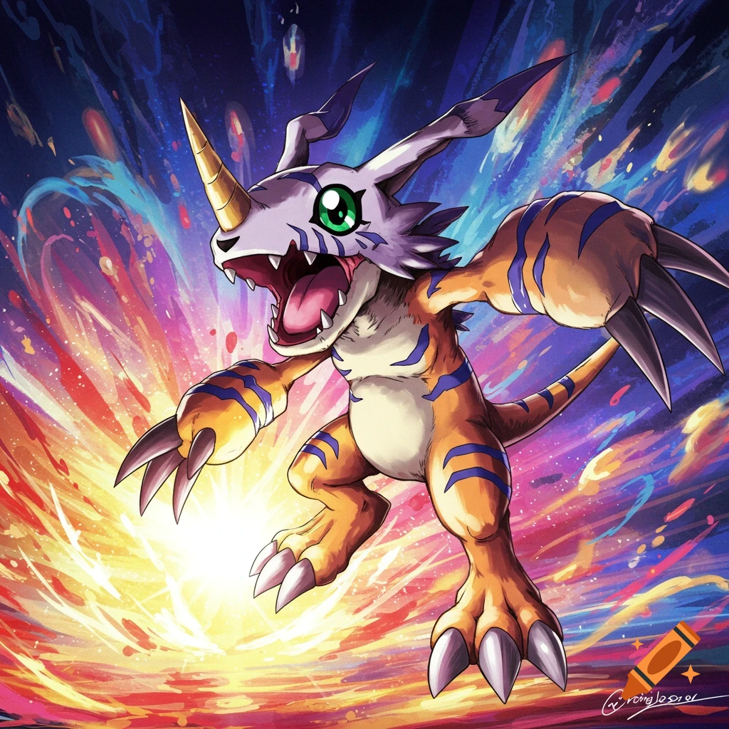 Agumon, a yellow dinosaur Digimon, leaps amidst colorful energy bursts ...