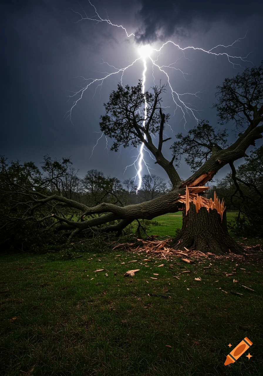 A large tree split and fallen after being struck by lightning during a ...