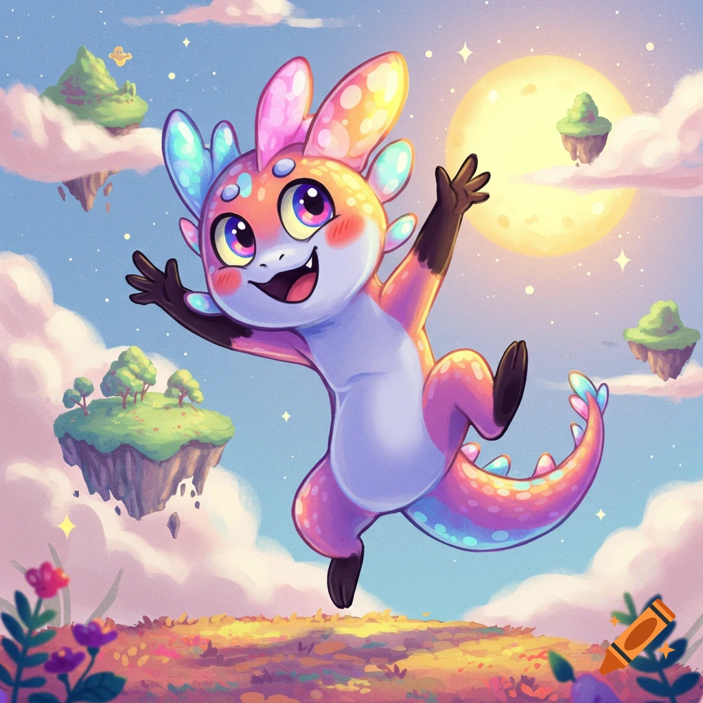 A cute, colorful fantasy creature jumps among floating islands in a ...