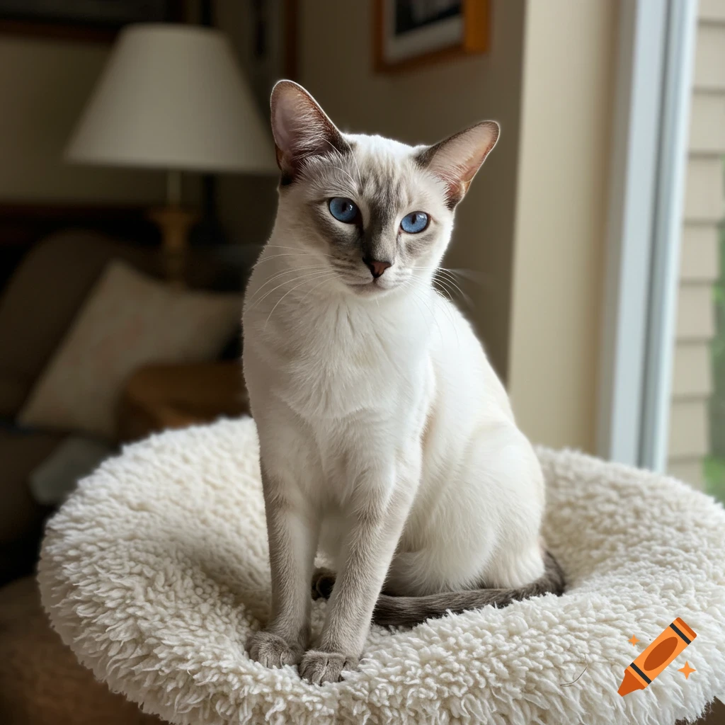 A Siamese cat with blue eyes sits on a fluffy bed. on Craiyon