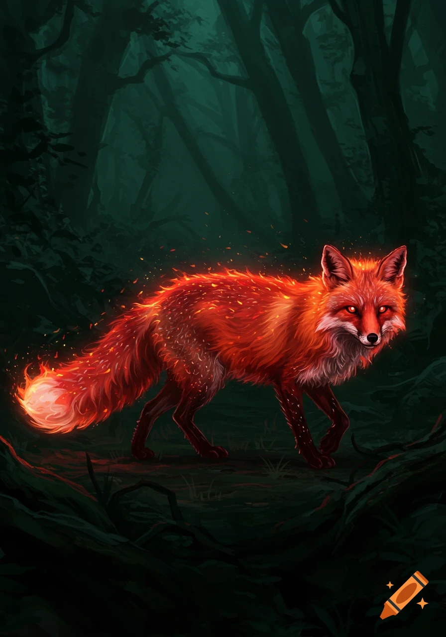A glowing red fire fox walks through a dark forest. on Craiyon