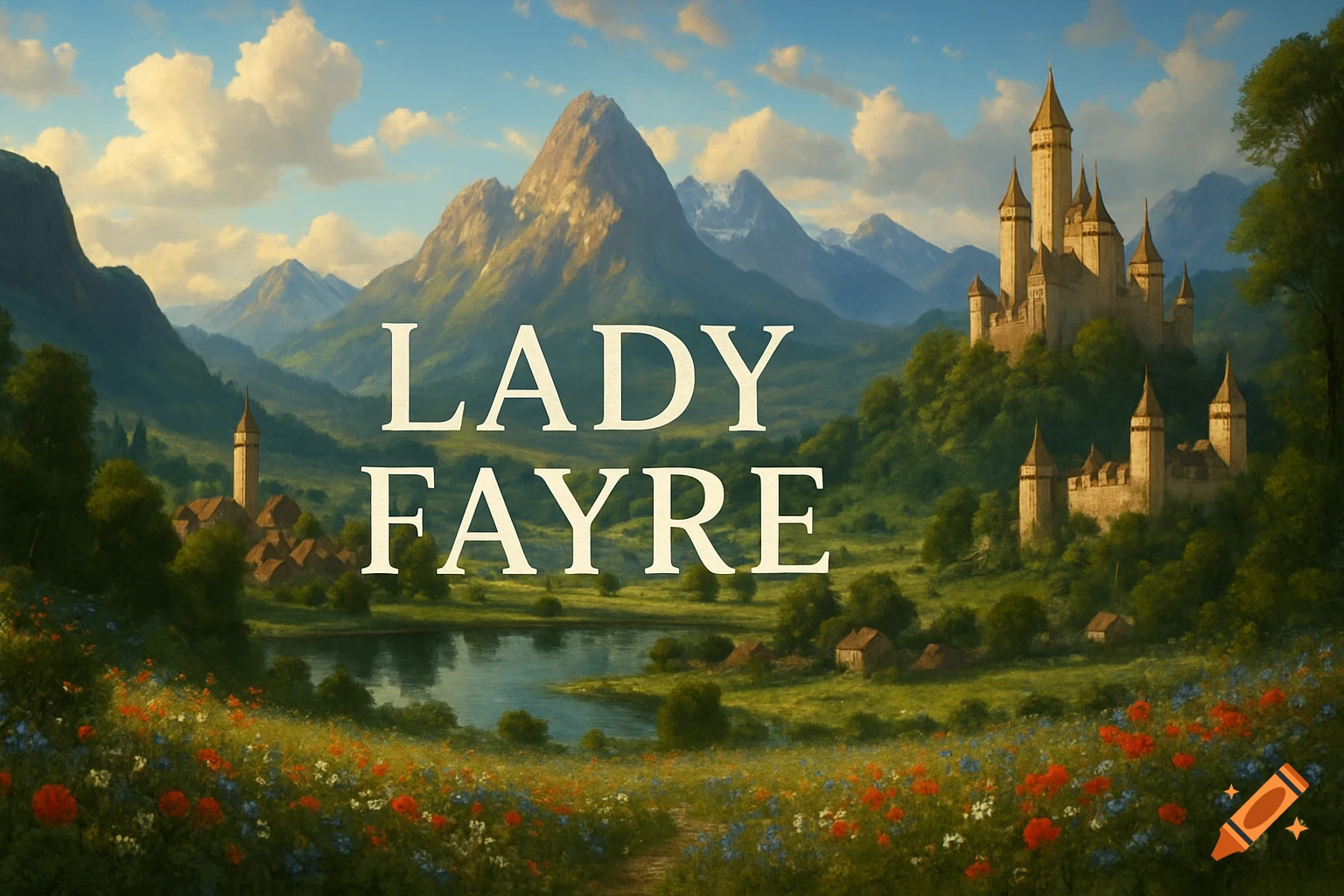 Digital painting of a fantasy landscape with mountains, lake, castle ...