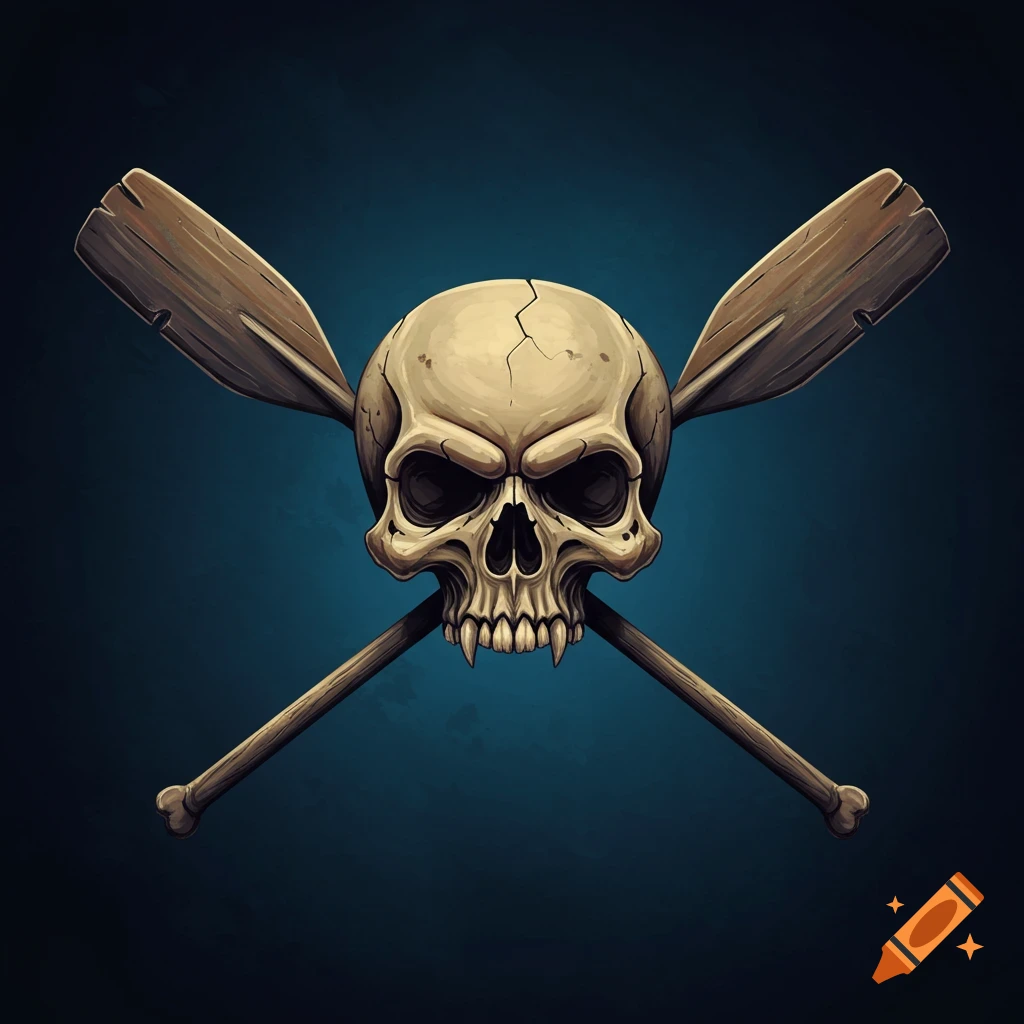 Stylized skull and crossed oars symbol on a dark blue background on Craiyon