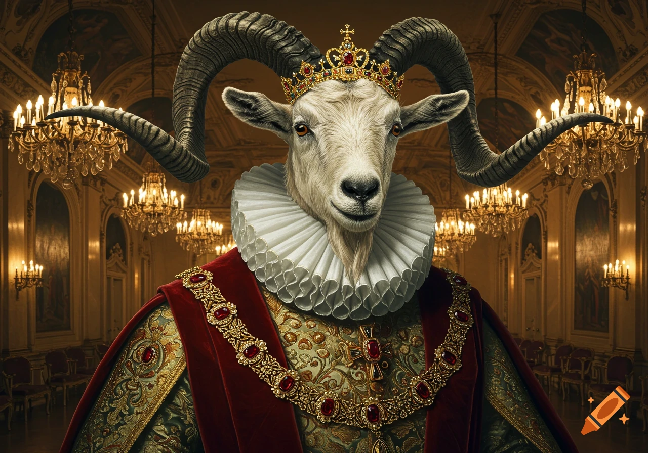 A goat wearing a golden crown and elaborate royal robes stands in a ...
